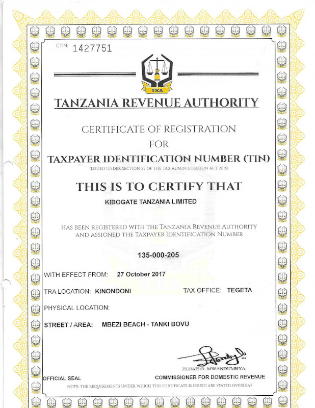 TIN Certificate Kibogate Tanzania Limited